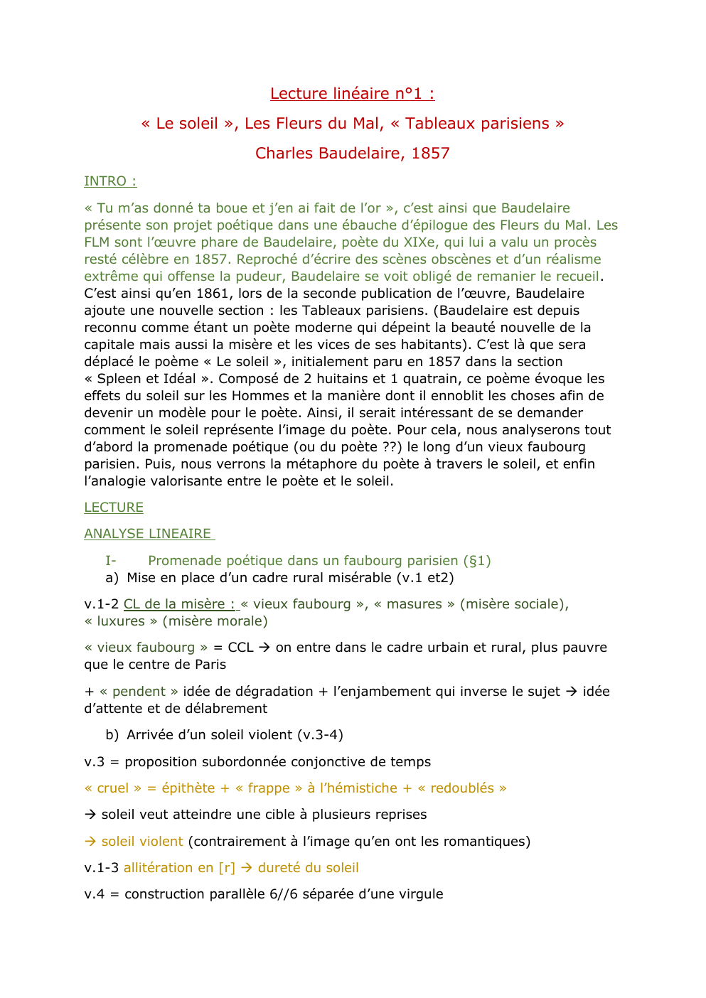 Lecture linéaire n°1 : « Le soleil », Les Fleurs du Mal, « Tableaux ...