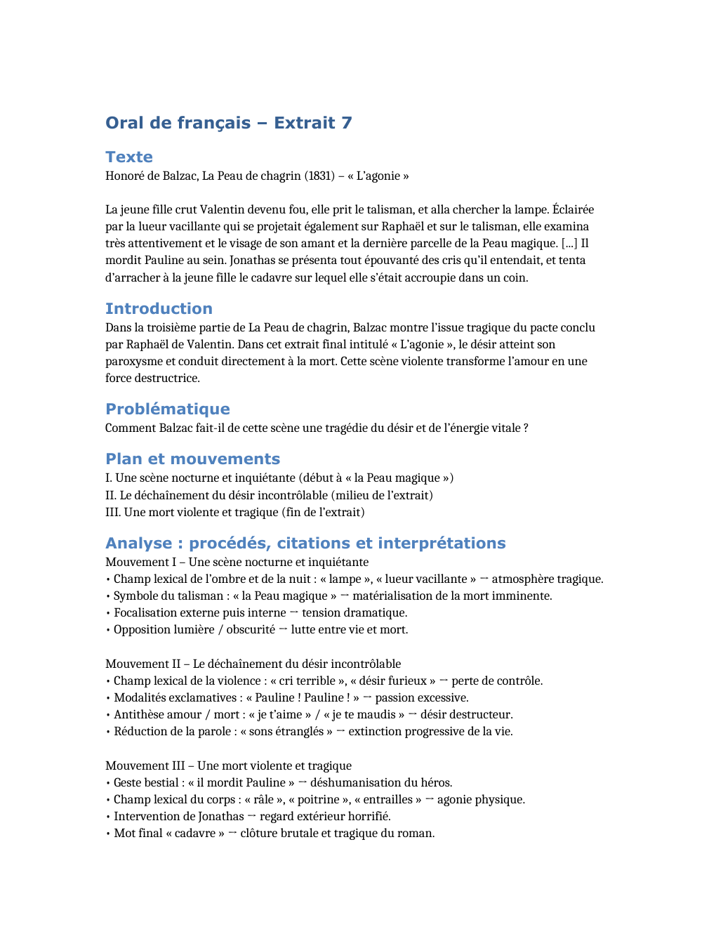 Oral de français – Extrait 7 Texte Honoré de Balzac, La Peau de chagrin ...